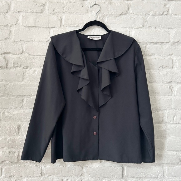 Tops | Vintage Black Ruffle Collar Blouse | Poshmark